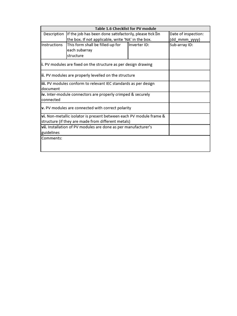 1 6 Checklist For Pv Module Pdf