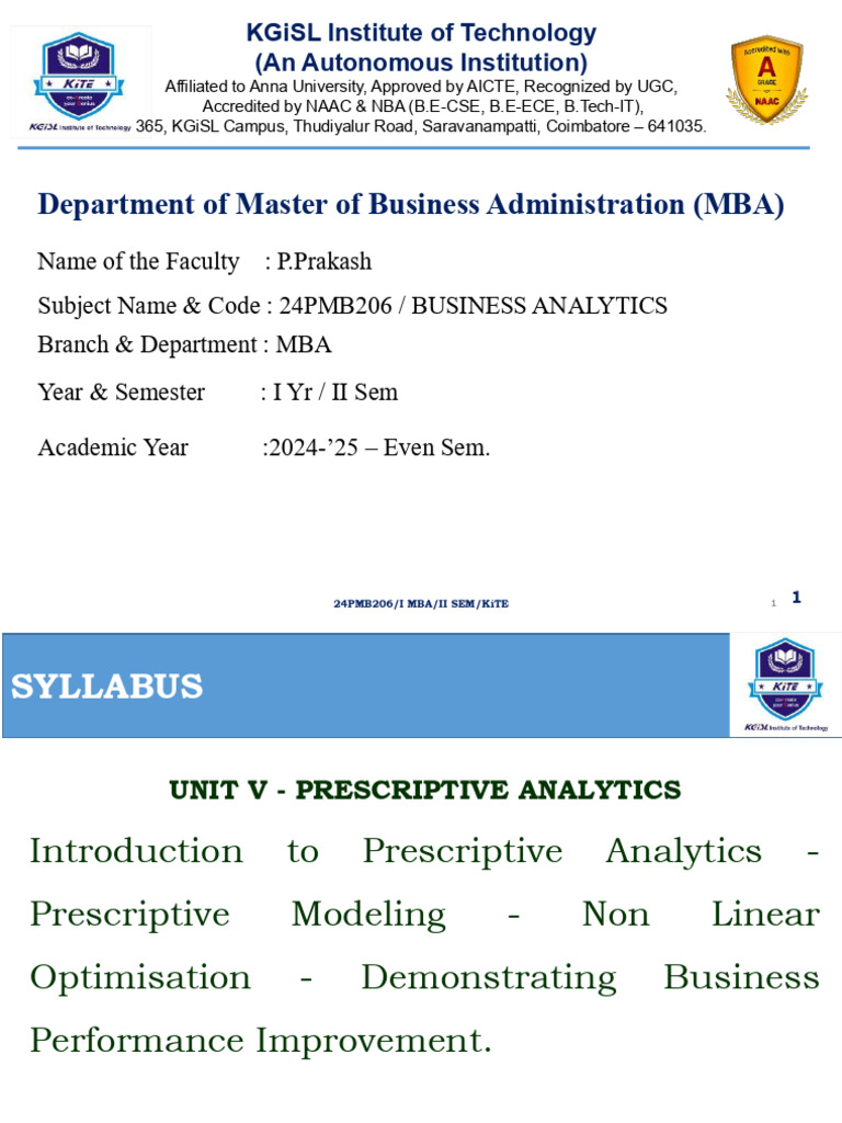Unit V - Prescriptive Analytics - BA by PP | PDF | Mathematical Optimization | Analytics