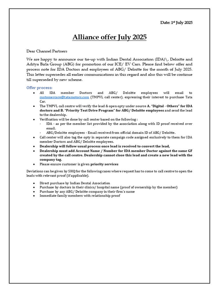 Alliance Offer Scheme Letter July 25 | PDF | Car Dealership | Invoice