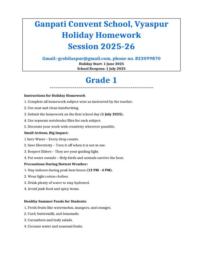 Holiday Homework Ganpati Convent 2025-26 Format | PDF