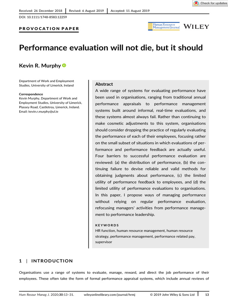 Human Res MGMT Journal - 2019 - Murphy - Performance Evaluation Will ...