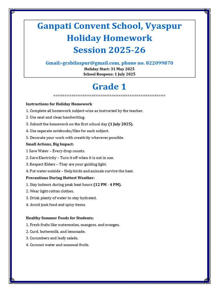 Grade 1 Holiday Homework 2025-26 | PDF