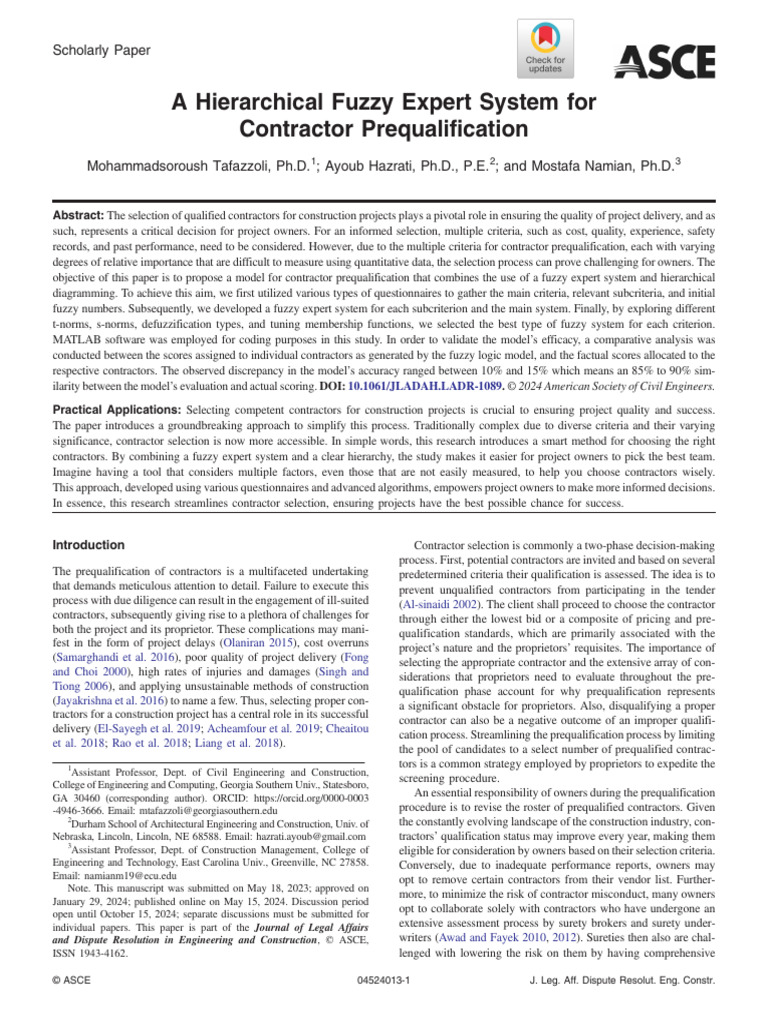 Tafazzoli Et Al A Hierarchical Fuzzy Expert System For Contractor Prequalification | PDF | Fuzzy ...