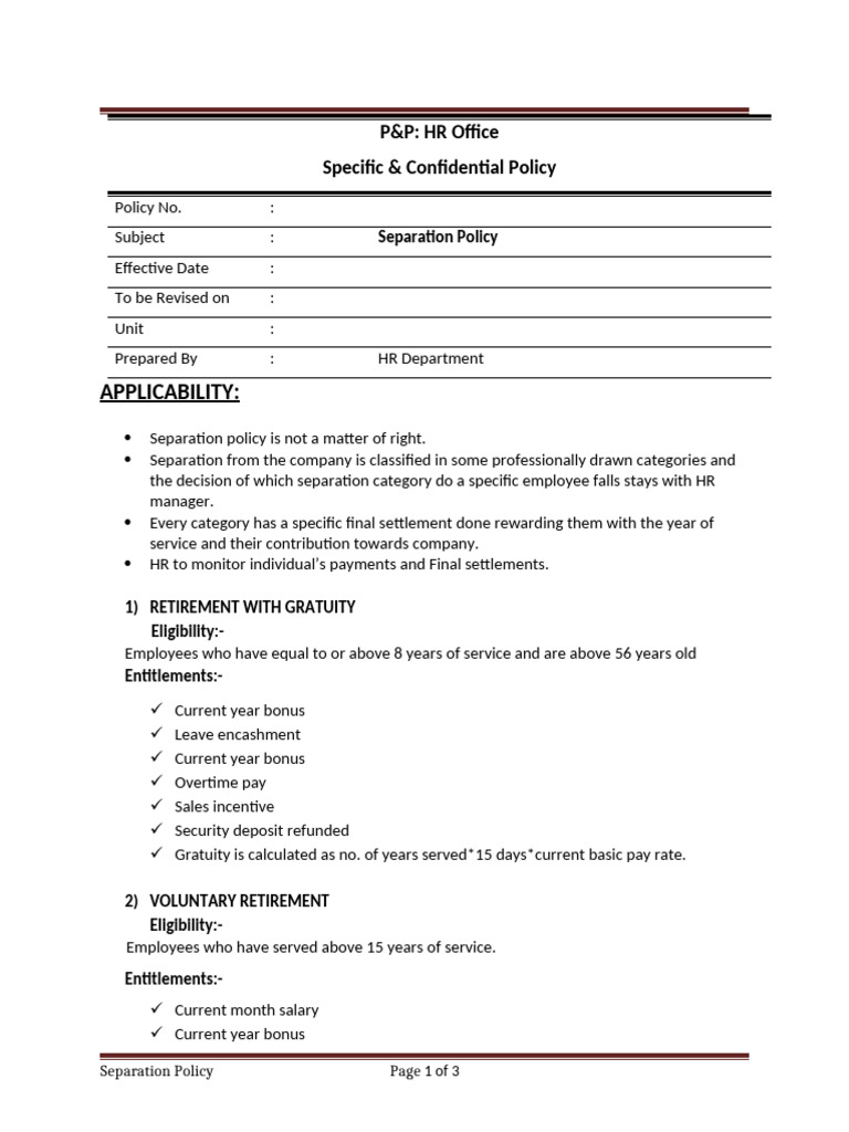 HR Separation Policy Overview | PDF | Salary | Incentive