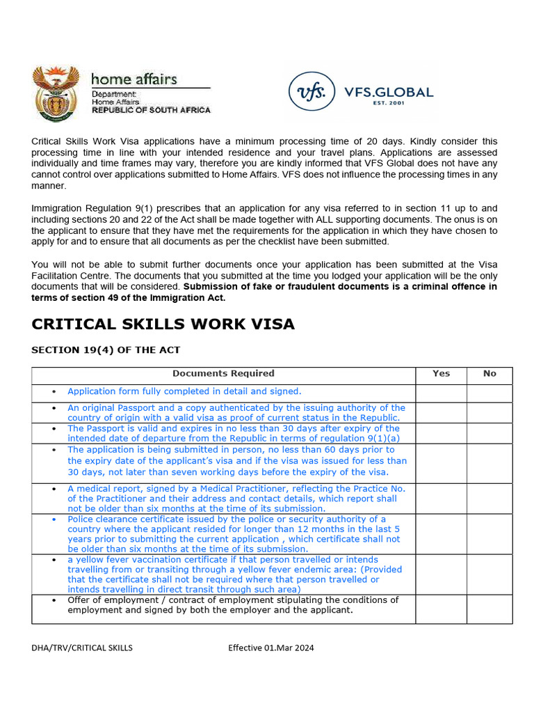 Critical Skills Visa Checklist | PDF | Travel Visa | Justice