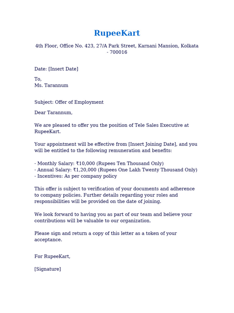 RupeeKart Offer Letter Tarannum Styled | PDF