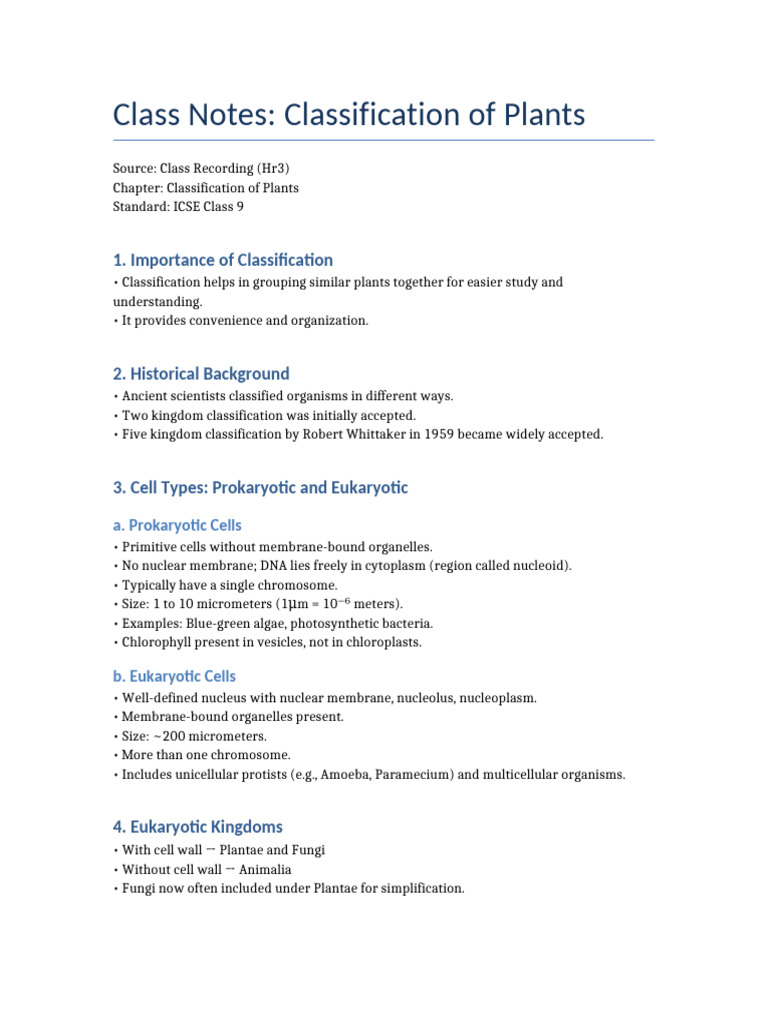 Classification of Plants Notes Hr3 | PDF | Cell (Biology) | Plants