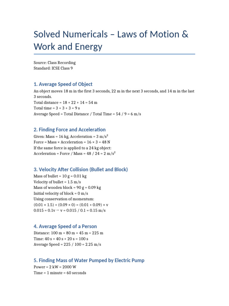 Solved Numericals Laws of Motion Work and Energy | PDF