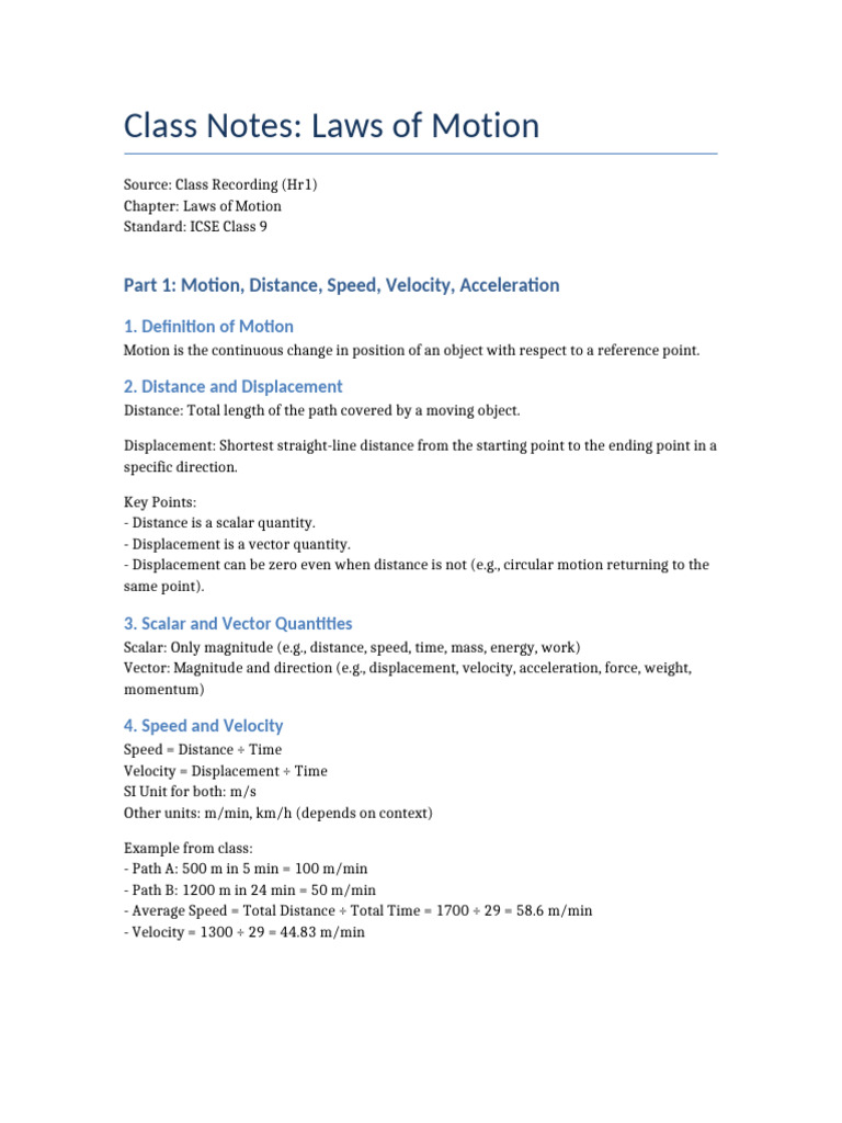 Laws of Motion Notes Hr1 | PDF | Acceleration | Velocity