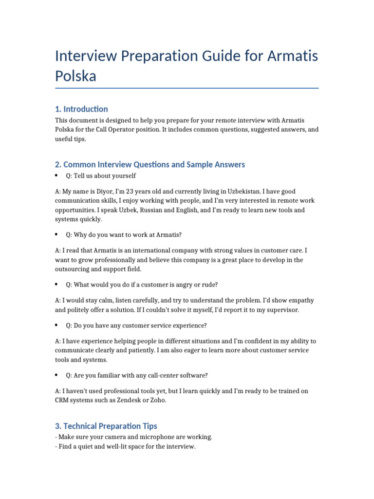 Interview Preparation For Armatis Polska | PDF