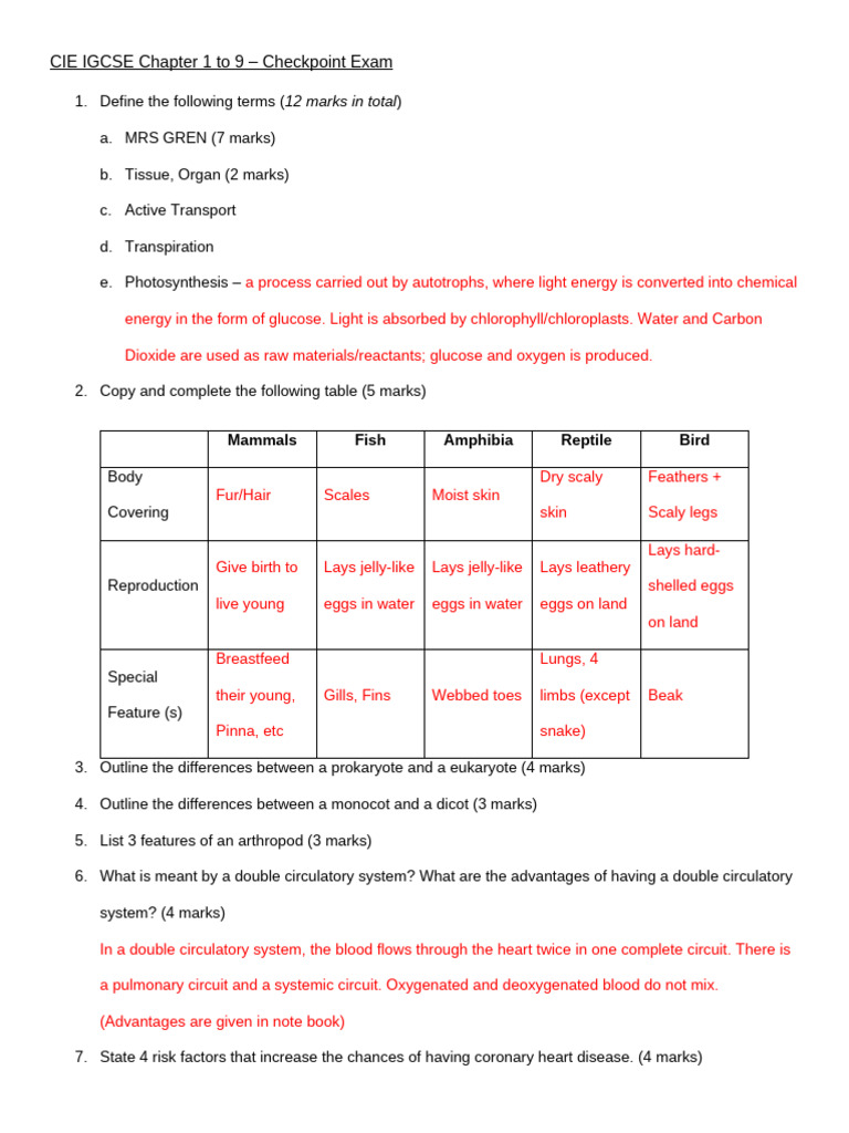 CIE IGCSE Chapter 1 To 9 - Answers | PDF | Leaf | Enzyme
