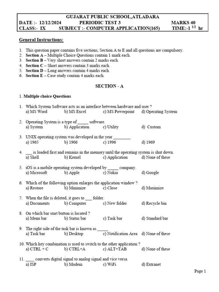 Class IX Computer Applications Test | PDF | Operating System | Computer ...
