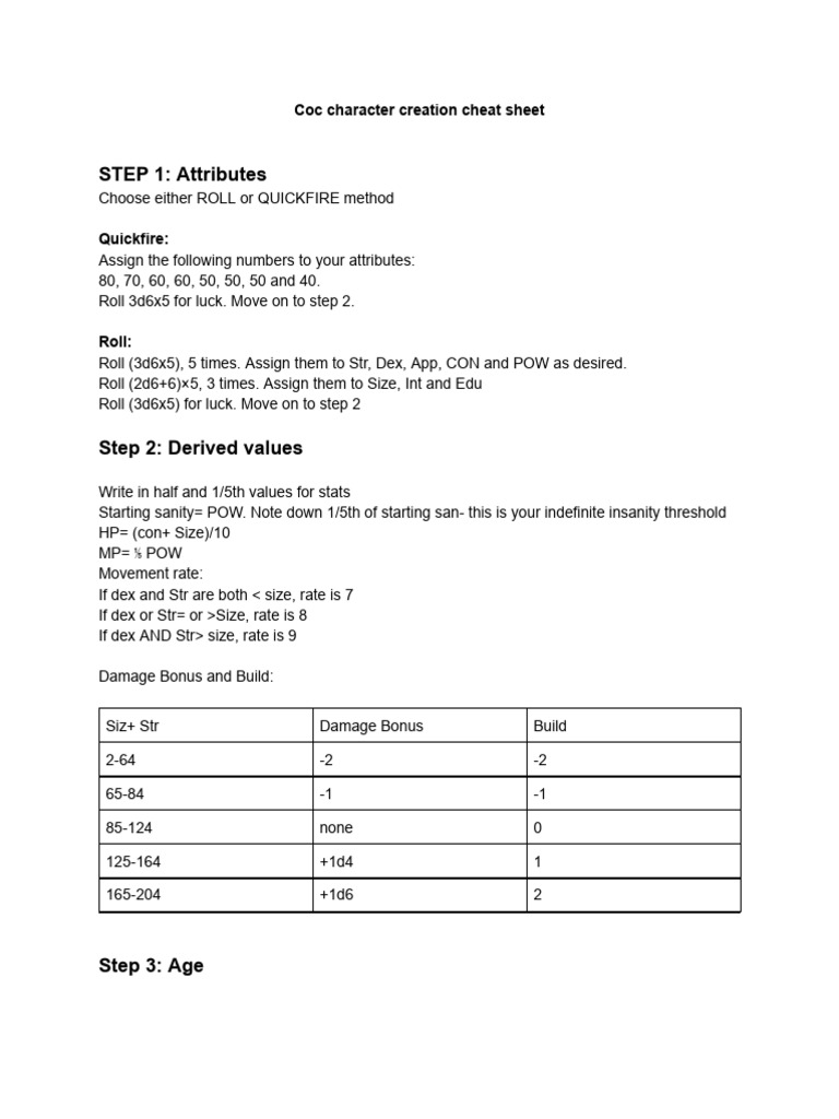 Coc Character Creation Cheat Sheet | PDF | Entertainment | Storytelling