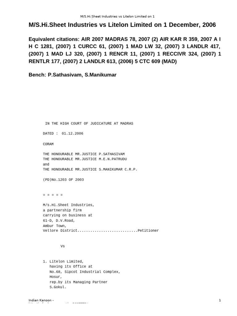 M S Hi Sheet Industries Vs Litelon Limited On 1 December 2006 | PDF ...