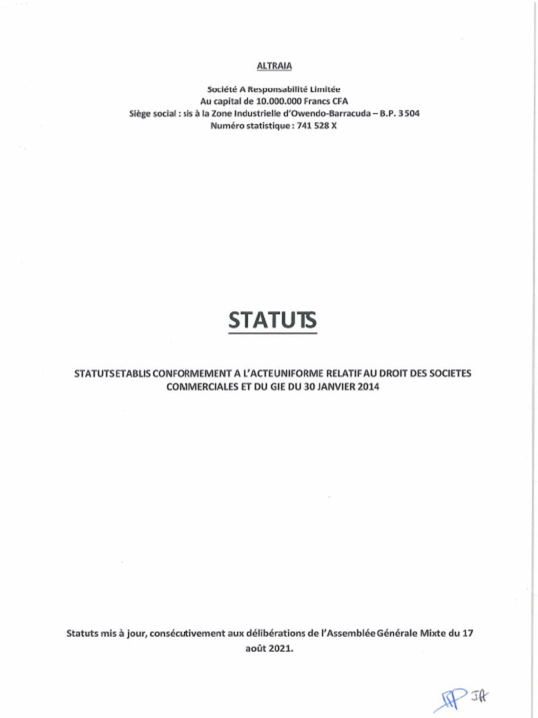 ALTRAIA - Statuts MAJ de l'AGM Du 17 Août 2021 | PDF