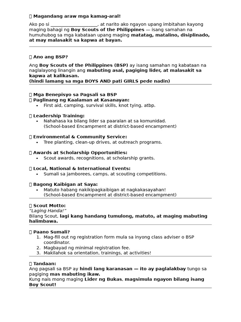 Orientation Script For BSP | PDF