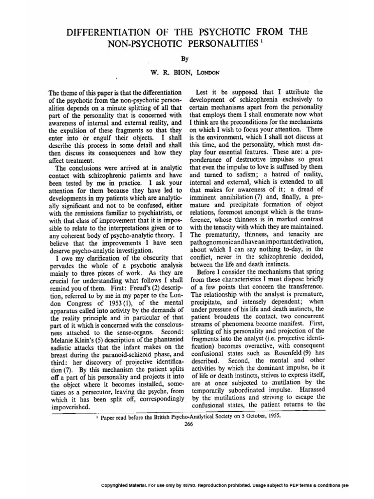 Bion Psychotic and Non Psychotic | PDF | Psychoanalysis | Sigmund Freud