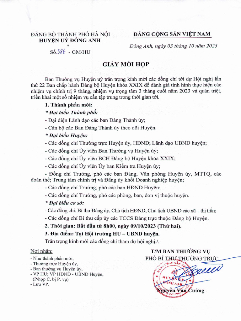 GM 386 HN L - N TH - 22 BCH - B Huy - N Khóa XXIX | PDF | Vietnam