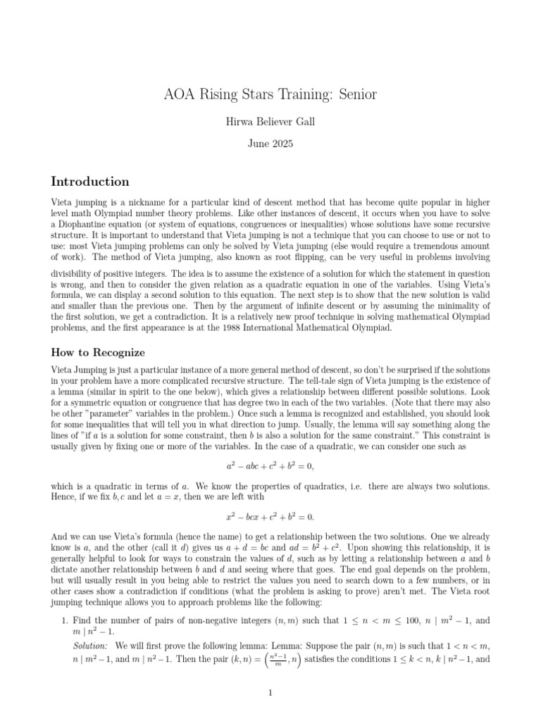 Vieta Jumping in Senior Algebra | PDF | Algebra | Mathematics