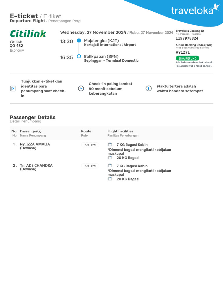 Izza Amalia Kjt Vy1z7l Bpn Flight Originating | PDF