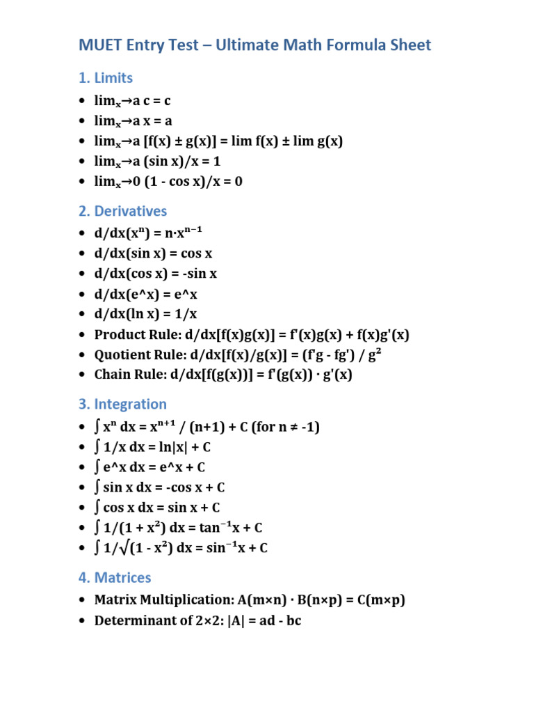 MUET Math Formula Sheet | PDF