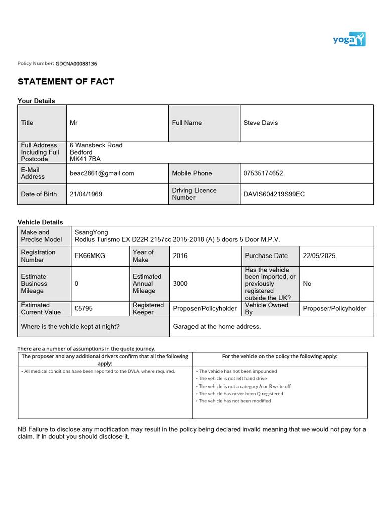 Yoga Statement of Fact GDCNA00088136 22-05-2025 19-15 | PDF | Insurance ...