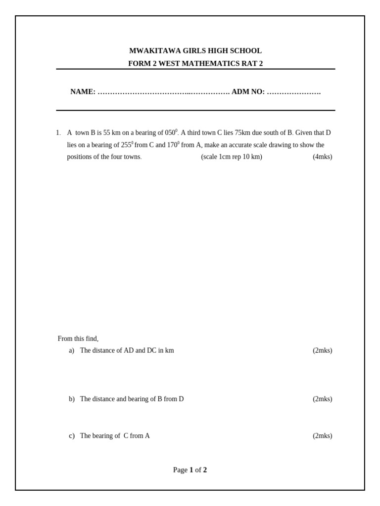 Form 2 West Mathematics Rat 2 | PDF