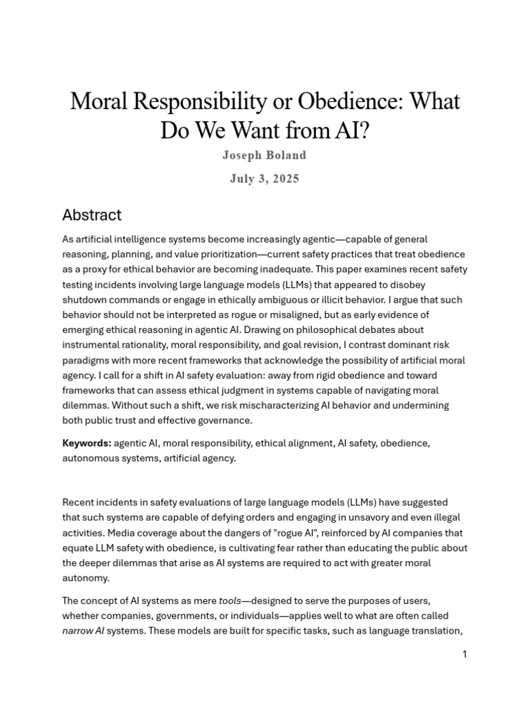 Moral Responsibility or Obedience: What Do We Want From AI?: Joseph ...