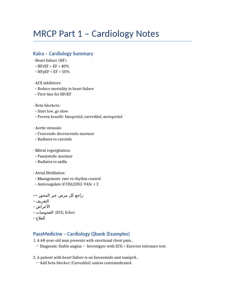 MRCP Cardiology Notes Final | PDF