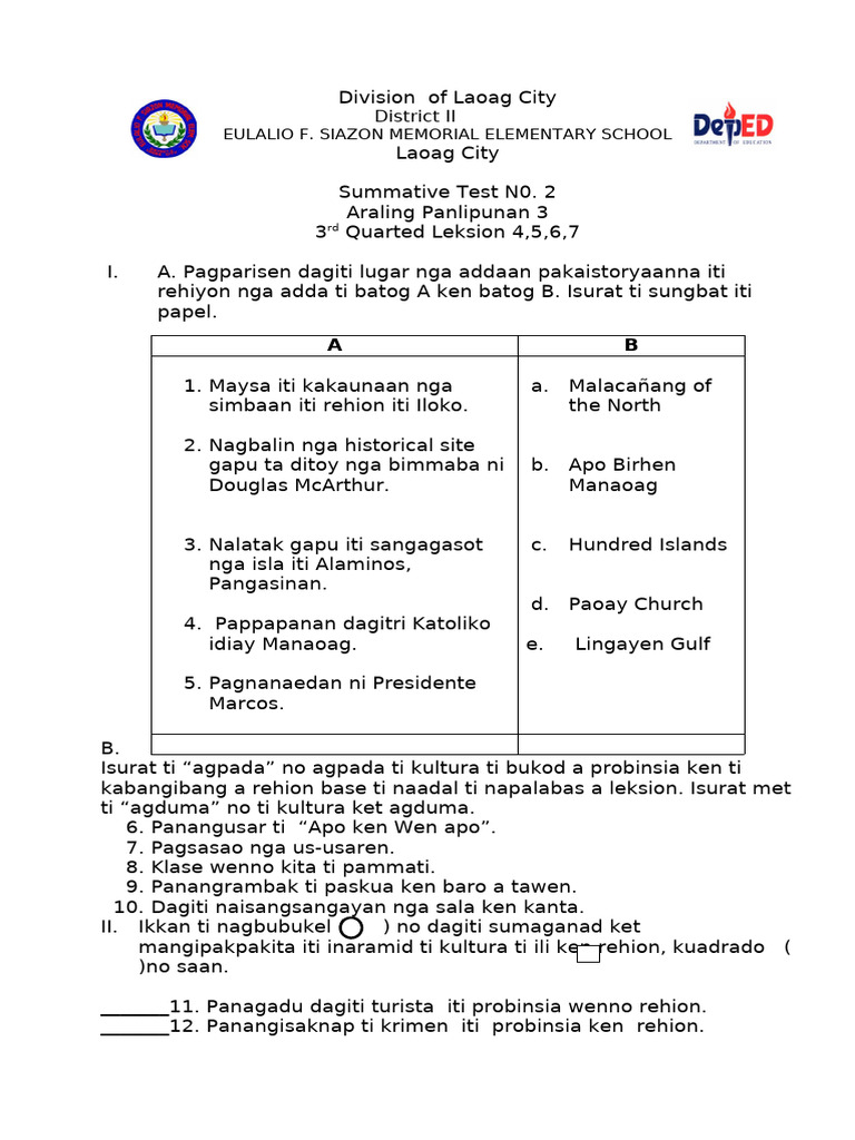 3rd Quarter Summative Test No. 2 in AP, ENGLISH & MATH 3 | PDF