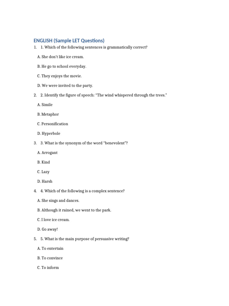 LET Sample Questions English | PDF