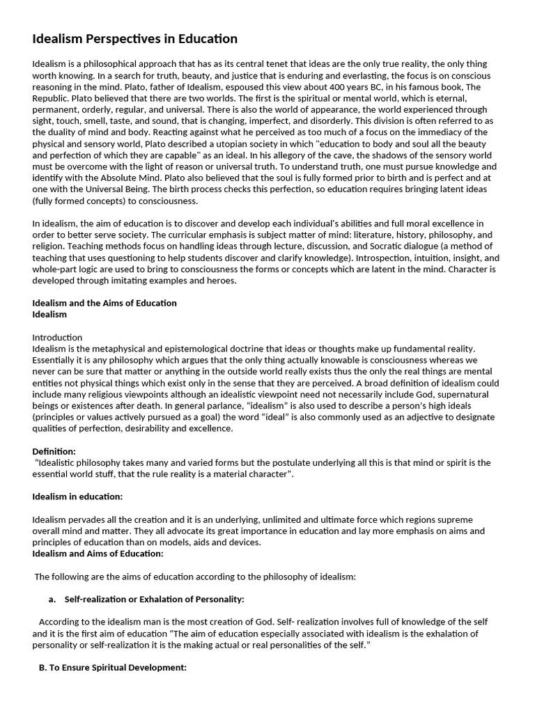 Idealism in Education: Key Concepts | PDF | Idealism | Mind