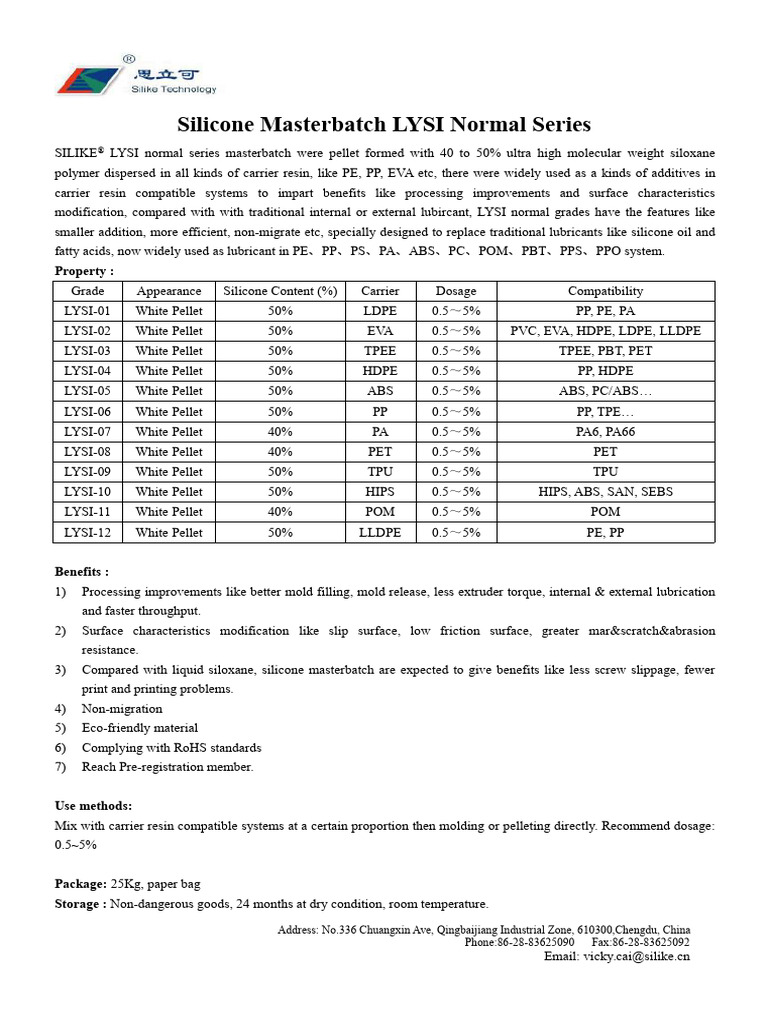 Silicone Masterbatch LYSI Normal Series | PDF | Silicone | Secondary ...