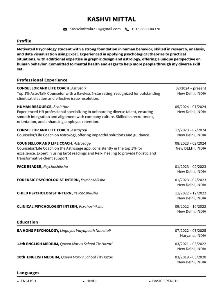 Kashvi Mittal Flowcv Resume 20240818 2024 | PDF | Counseling Psychology | Psychology