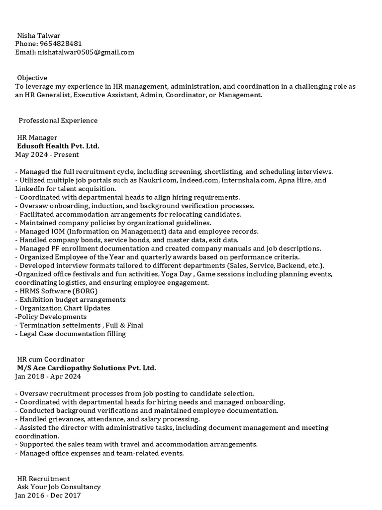Resume Nisha Talwar | PDF | Recruitment | Business