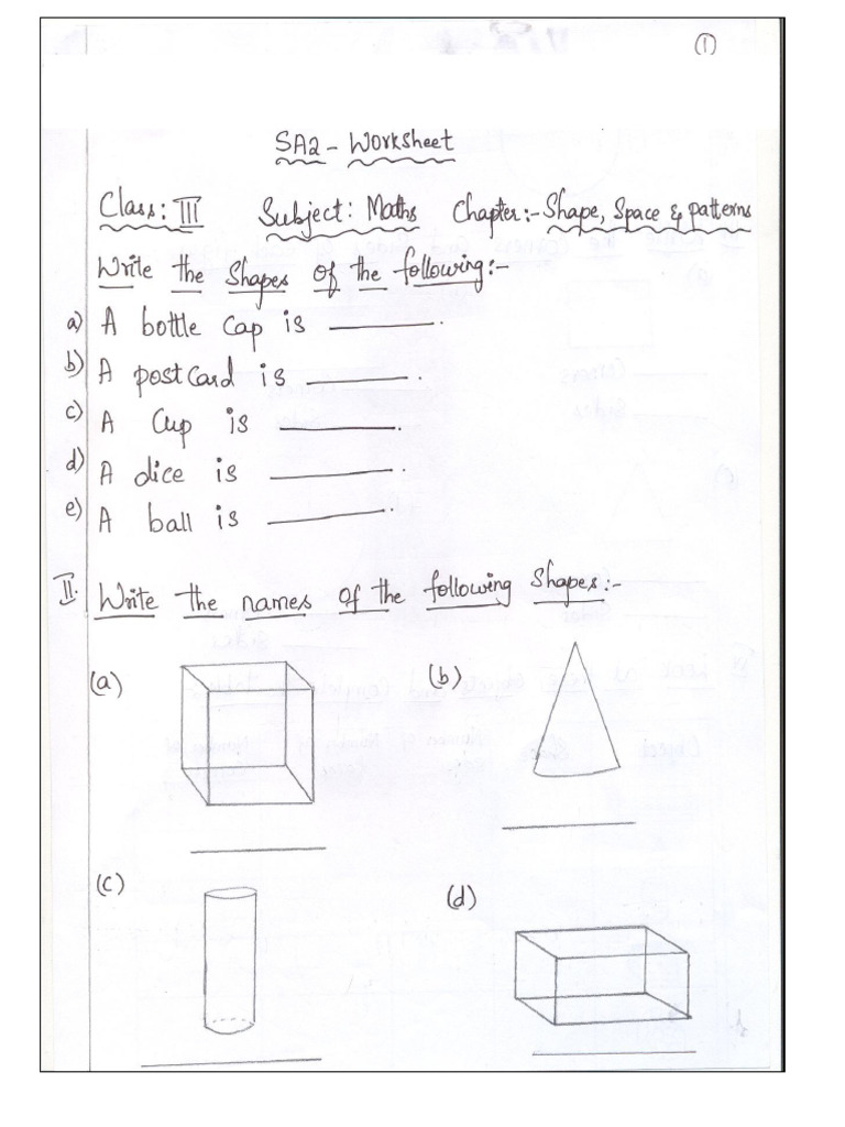 CBSE Class 3 Mathematics Worksheet (52) - Shape Space Pattern | PDF