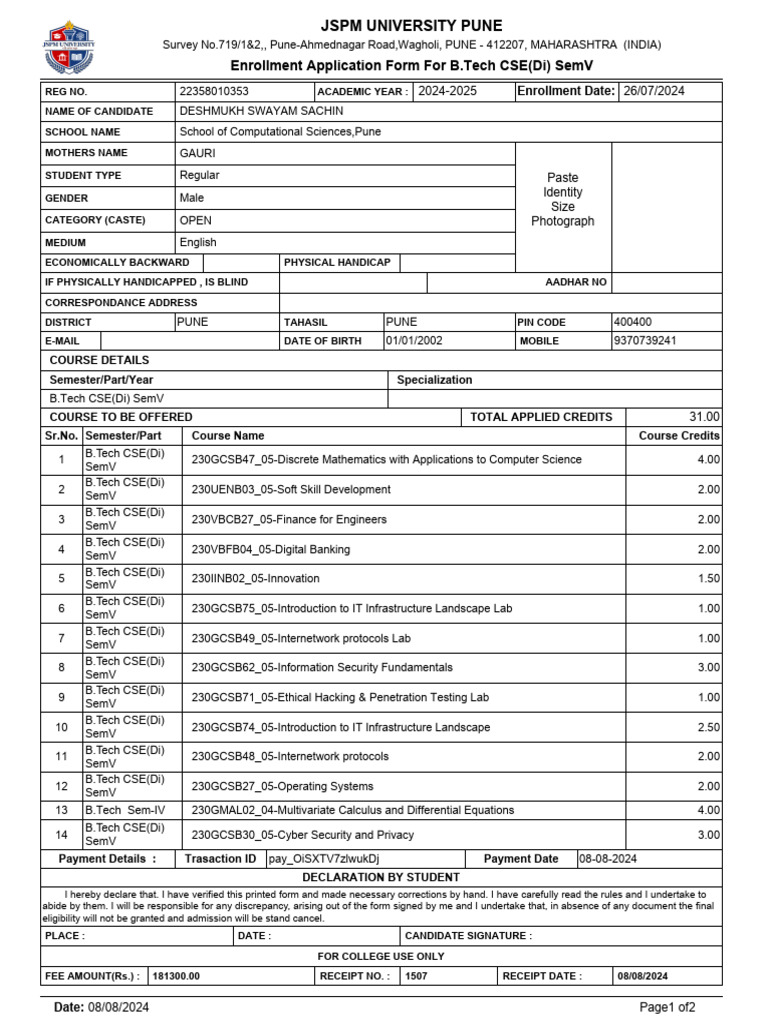 Enrollment Application Form For B.Tech Cse (Di) Semv | PDF