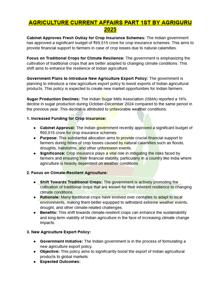 Agriculture Current Affairs 2025 Insights | PDF | Agriculture | Climate ...