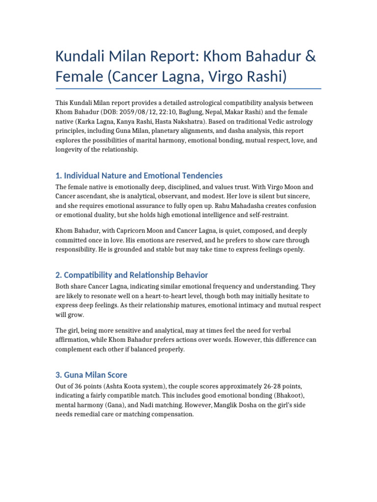 Kundali Milan Report English | PDF | Psychology | Technical Factors Of Astrology