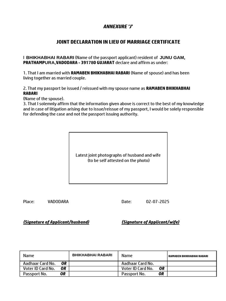 Joint Declaration for Passport Annexure J | PDF
