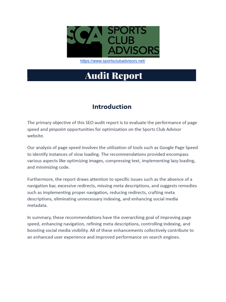 Audit Report of Sports Club Advisor | PDF | Search Engine Optimization ...