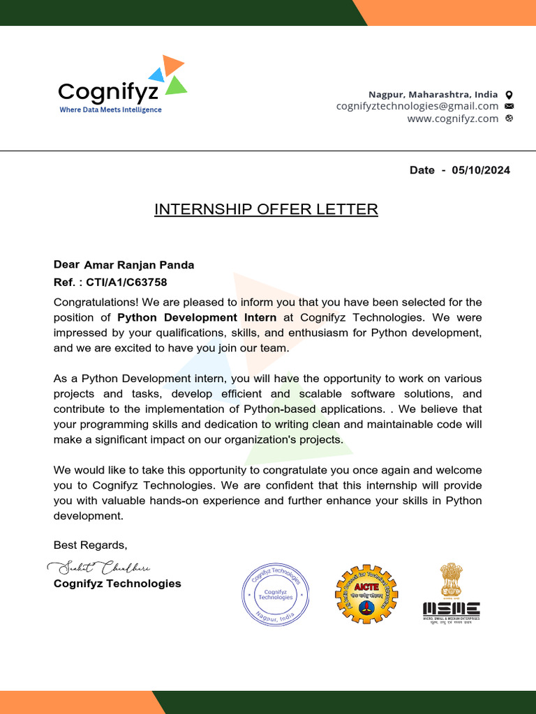 Python Development Internship Offer | PDF