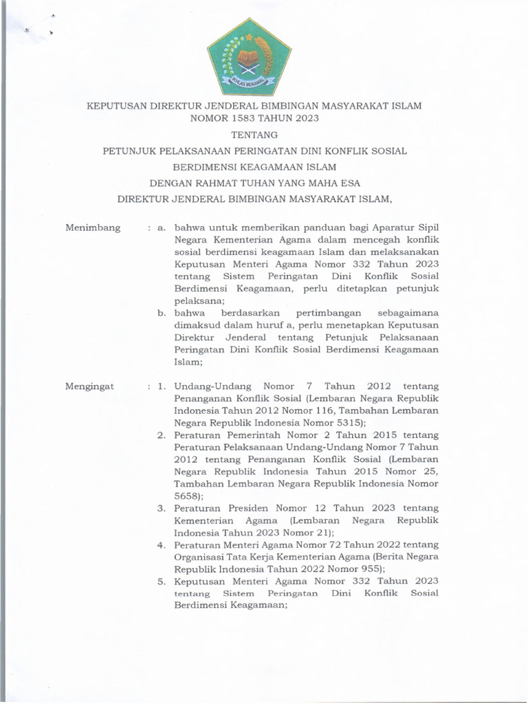 Kepdirjen Bimas Islam 1583 Tahun 2023 Jukni Deteksi Dini | PDF