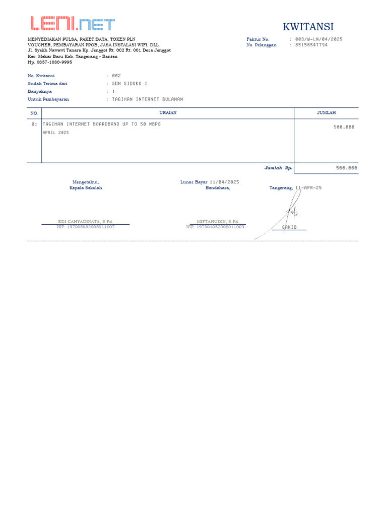 Invoice - Wifi - SDN Sidoko I - April 2025 | PDF