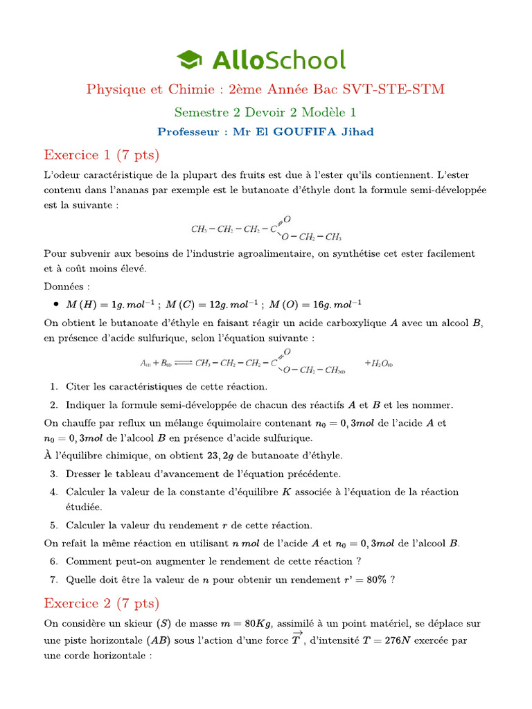 PC 2bac SVT Ste STM Semestre 2 Devoir 2 Modele 1 6 | PDF