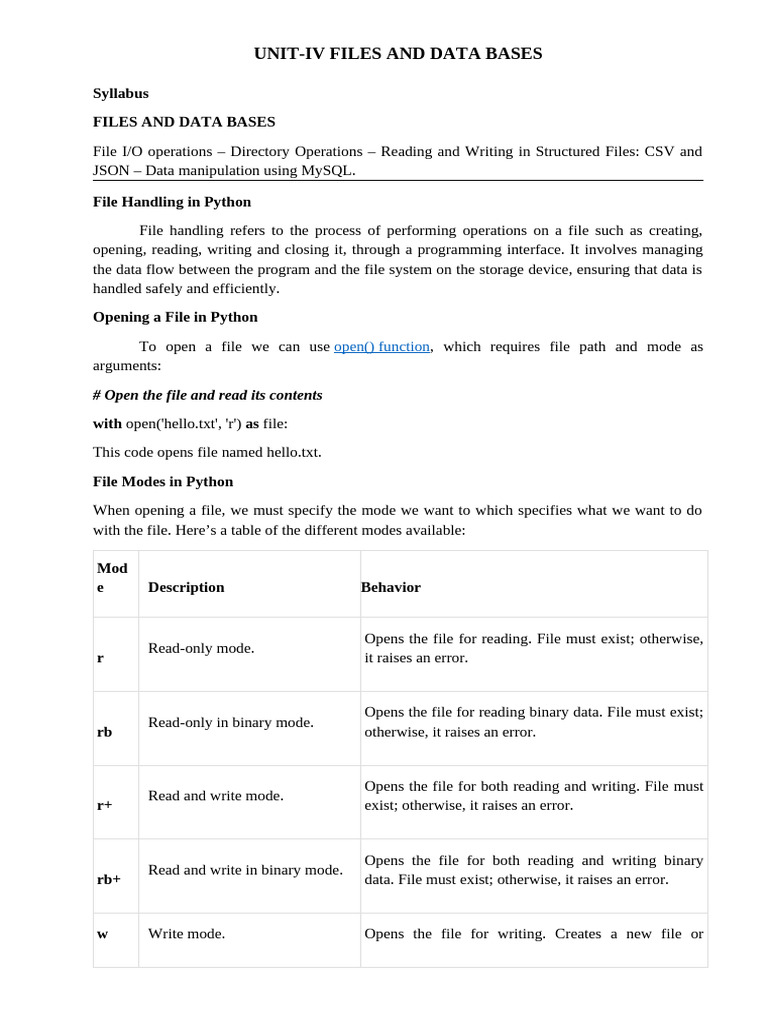 Unit-4 Files and Data Bases Notes | PDF | Computer File | Json