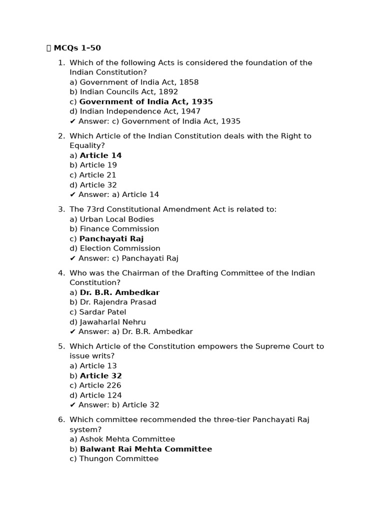 Indian Constitution Practice MCQ Sheet With Solution | PDF ...