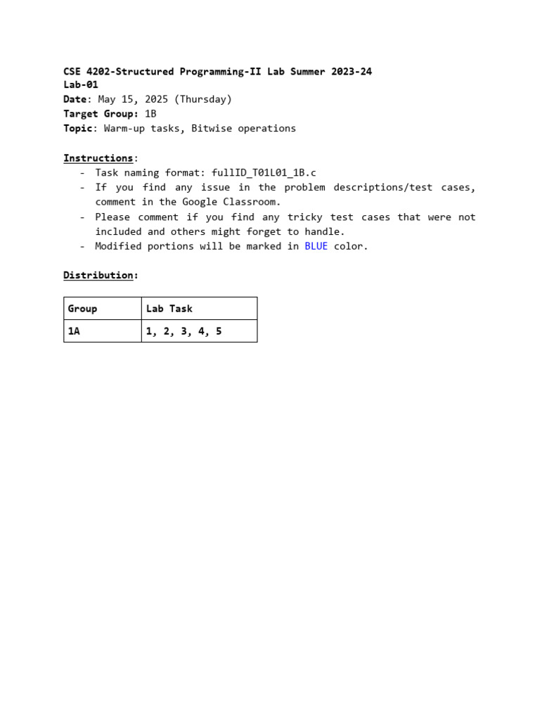 1B - Lab 01 - CSE 4202 2023-24 Basics and Bitwise Operators | PDF | Integer (Computer Science ...