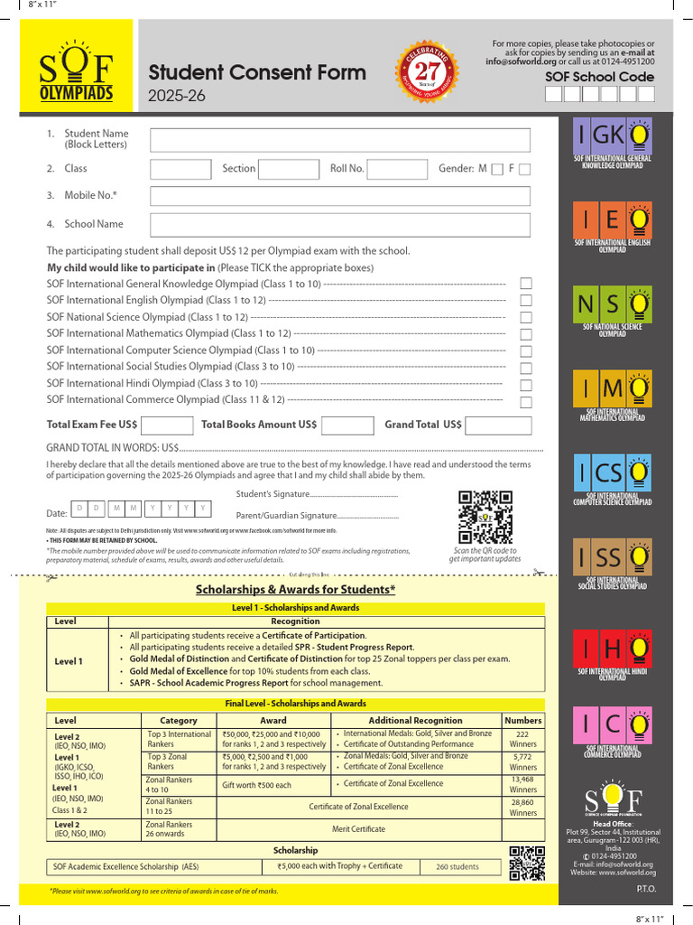 Sof Student Consent Form SCF For Schools Outside India | PDF