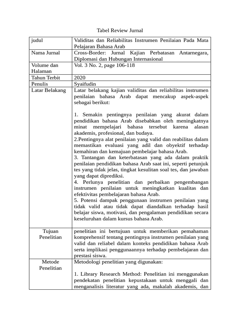 Review Jurnal Validitas Dan Reliabilitas Instrumen Penilaian Pada Mata ...